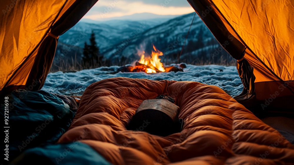 sleeping bag partially unzipped, revealing a warm, inviting interior ...