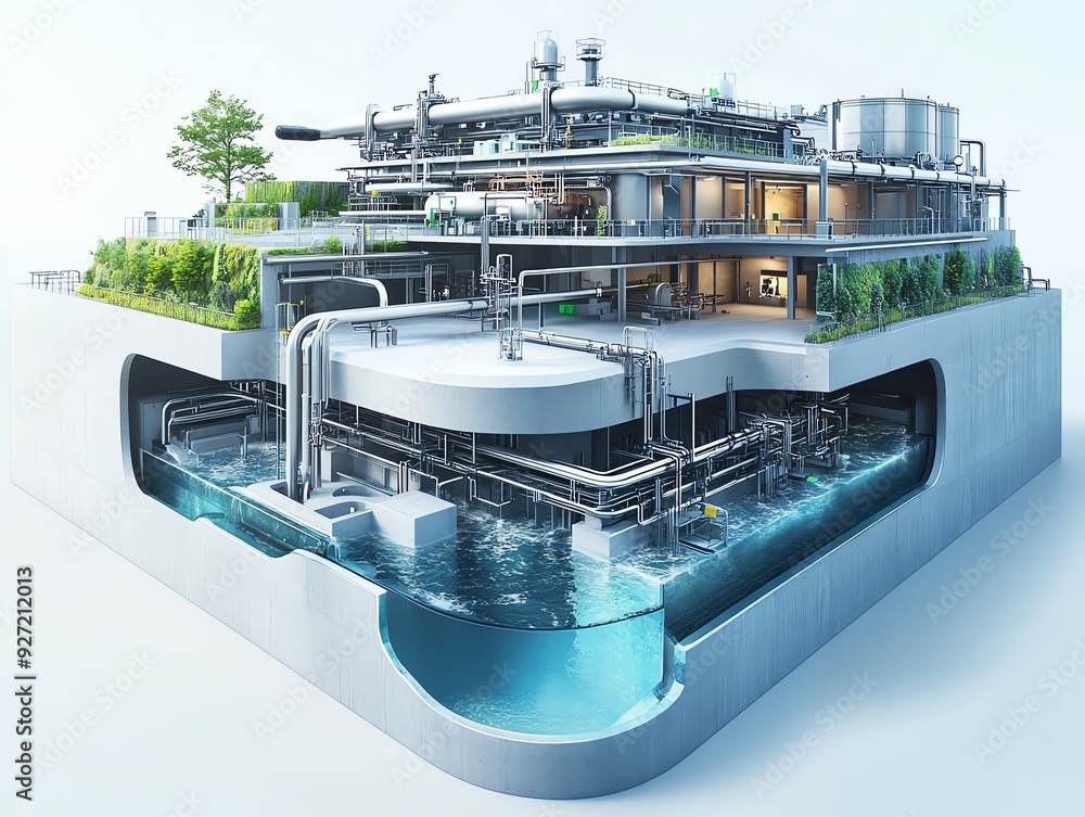 3D crosssection of a modern urban water system, illustrating the layout ...