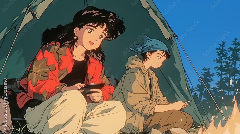 Campfire Tales, Friends bonding over stories, tents pitched under a ...