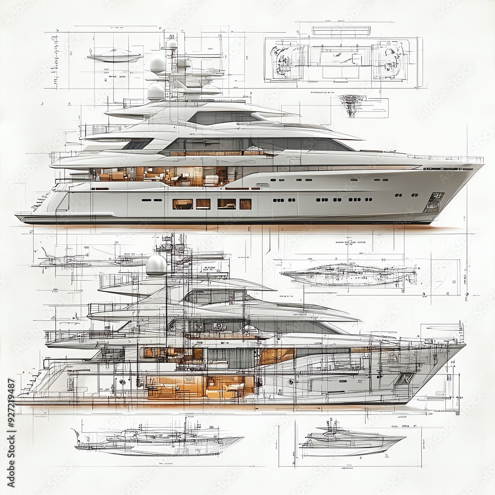 Crosssectional view of a luxury yacht, revealing the skeletal structure ...