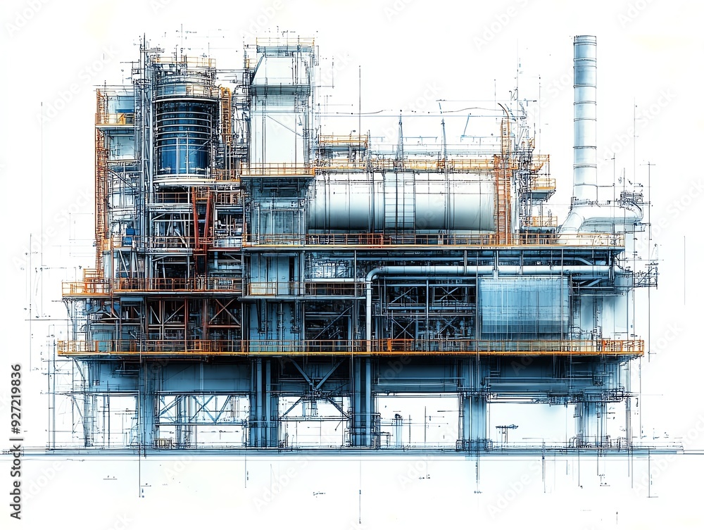 Detailed skeleton of a hydroelectric power plant, with a blueprint ...