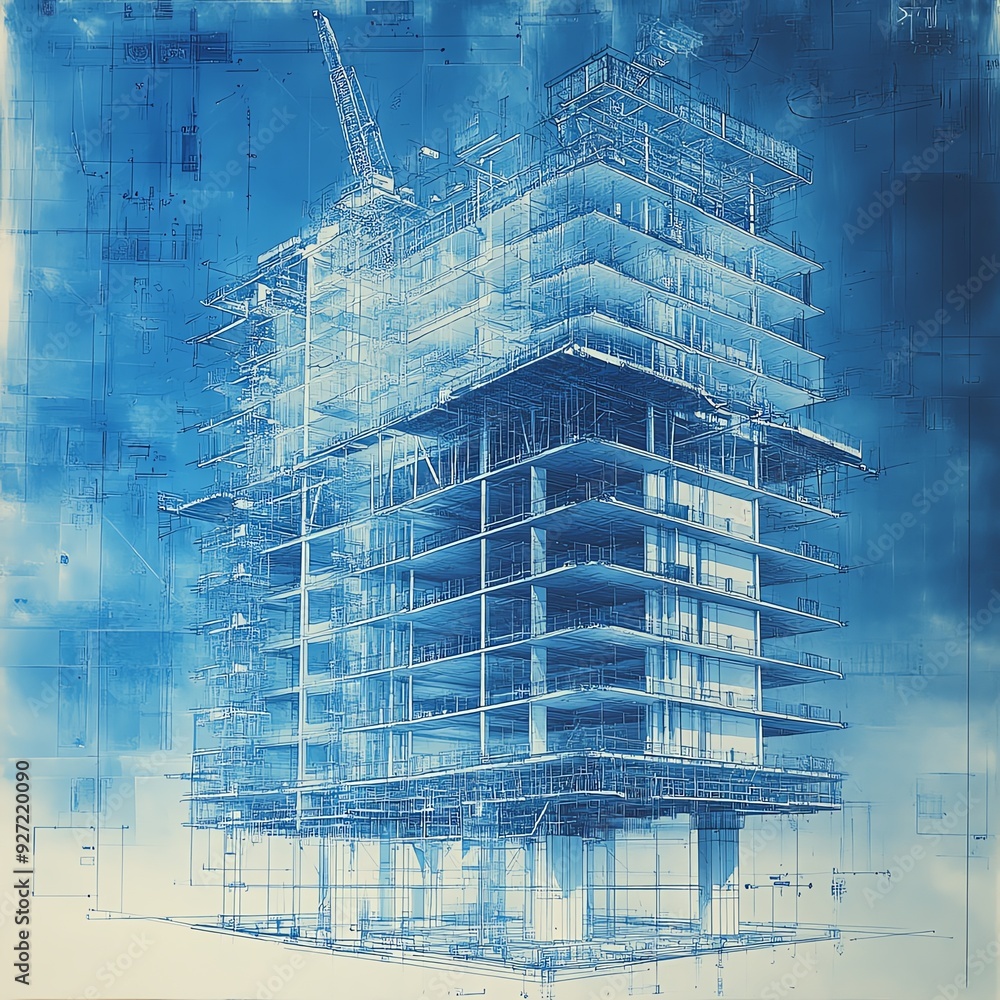 Skeleton structure of an urban skyscraper, with a detailed blueprint ...
