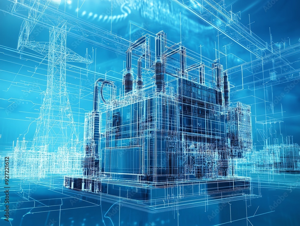 Blueprint of a smart grid substation, showing the patterned assembly of ...