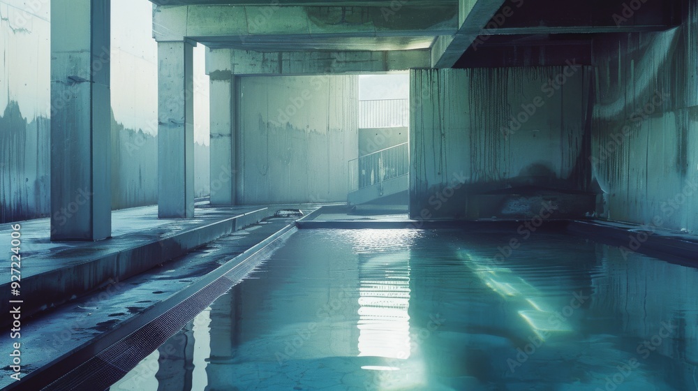 Desolate, waterlogged indoor pool with concrete walls, creating an ...