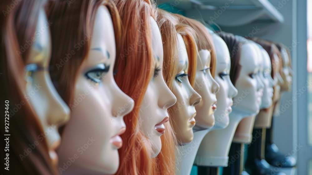 Rows of mannequin heads with various hairstyles line a shelf, each ...