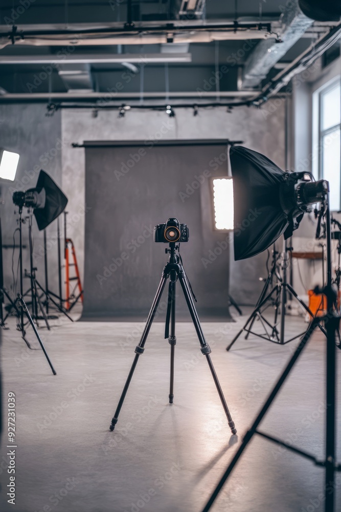 Professional photography studio setup with camera on tripod. Stock ...