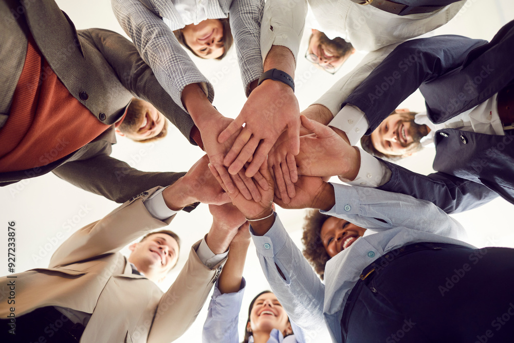 Group of happy multiracial people standing in circle and joining hands ...