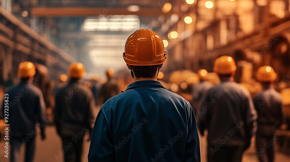 Group of Workers Wearing Hard Hats Observing Production Line in a Steel ...