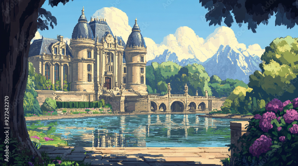 2d pixel art of European palace, french palace, game art, 16-bit, 32 ...