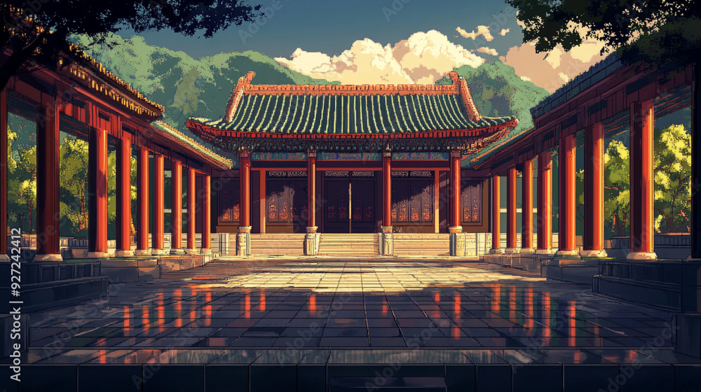 2d pixel art of China palace, aisan palace, game art, 16-bit, 32-bit ...