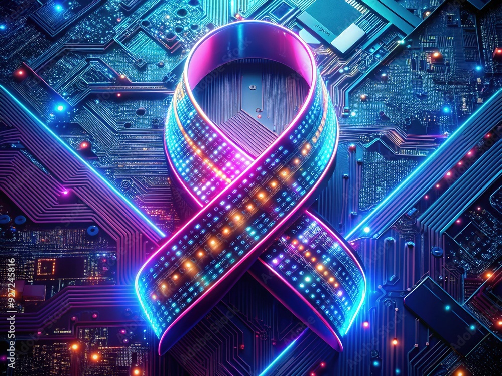Cybernetic Glitch Ribbon: Neon ribbon with flickering pixels and ...