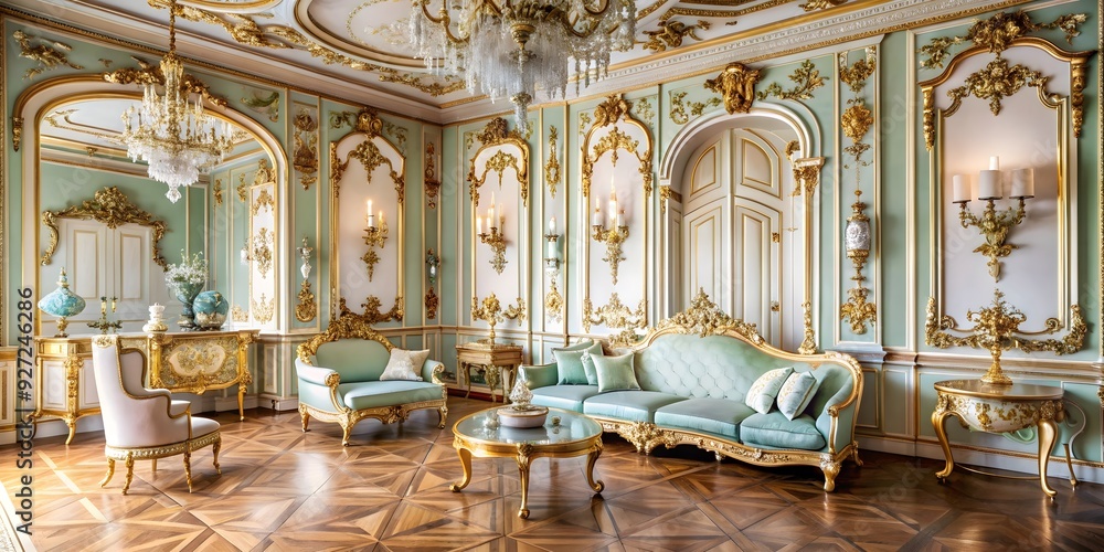 Opulent rococo room with ornate gilded furniture and pastel color ...