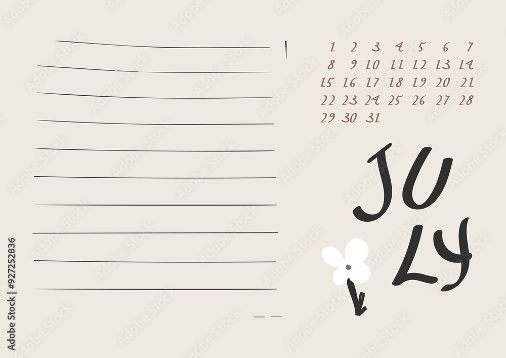 Monthly calendar in naive art. Calendar design for the month of July ...