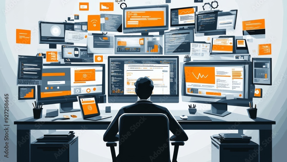 Employee at Desk Surrounded by Multiple Computer Screens with Web ...