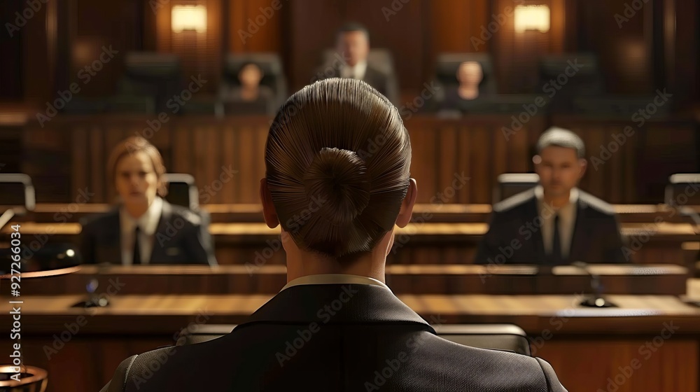 Witness in courtroom facing jury. Back view of a woman in formal attire ...