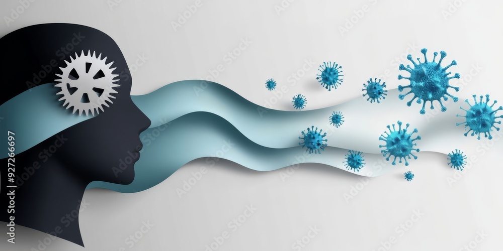 Gears and Cogs Flowing from Head into Blue Virus-Like Shapes ...