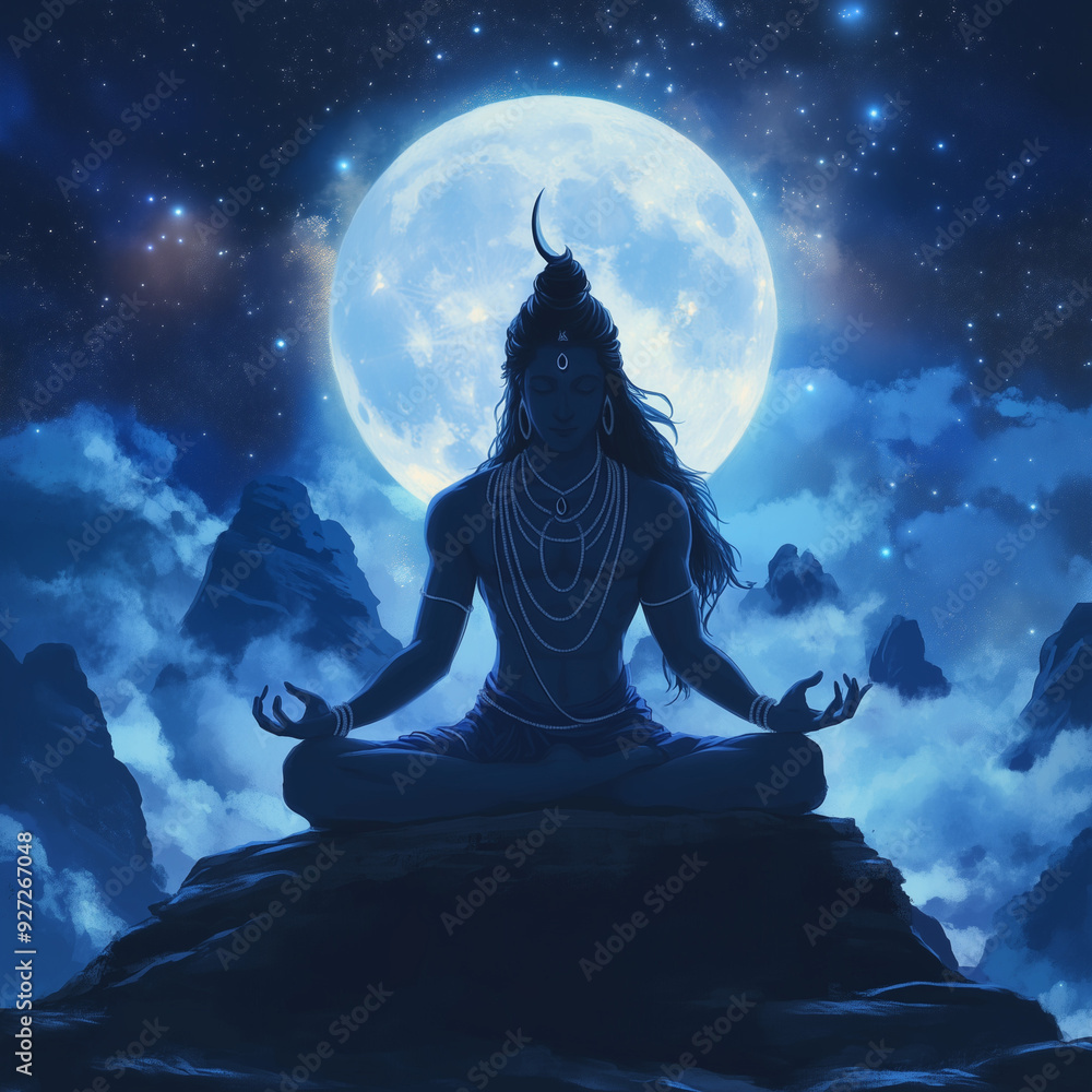 Illustration of lord shiva in a meditative pose of a night sky with a ...