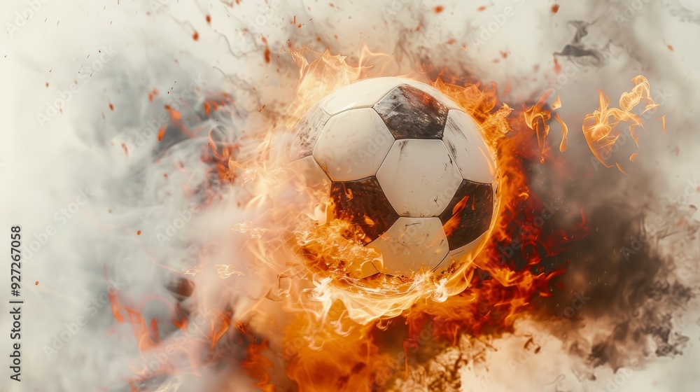 Soccer ball on fire. A soccer ball engulfed in flames and smoke ...