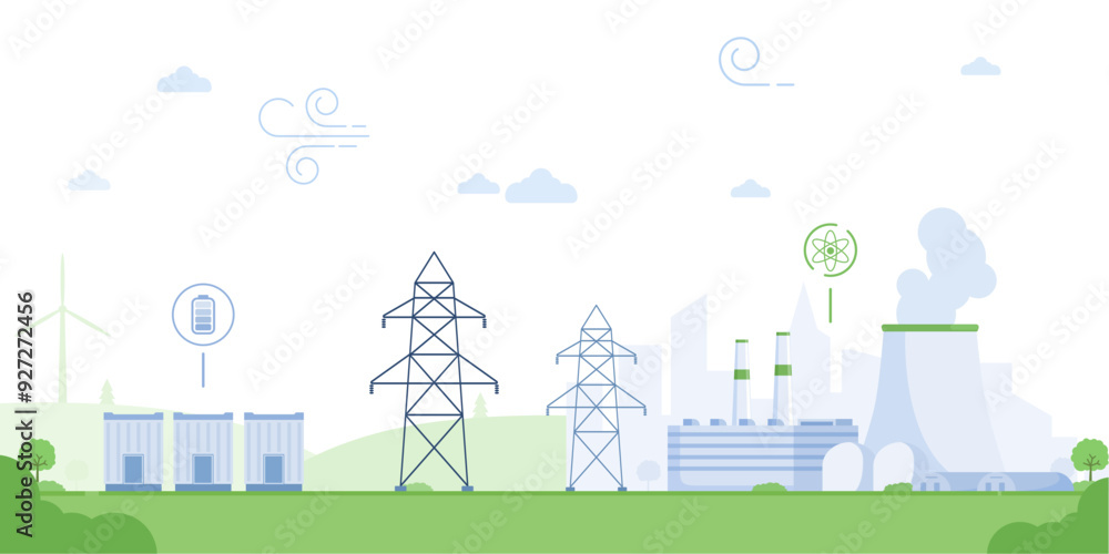Power grid with electricity distribution wiring from station outline ...