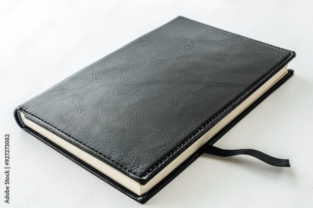 Black leather hardcover notebook on white surface top view closed ...