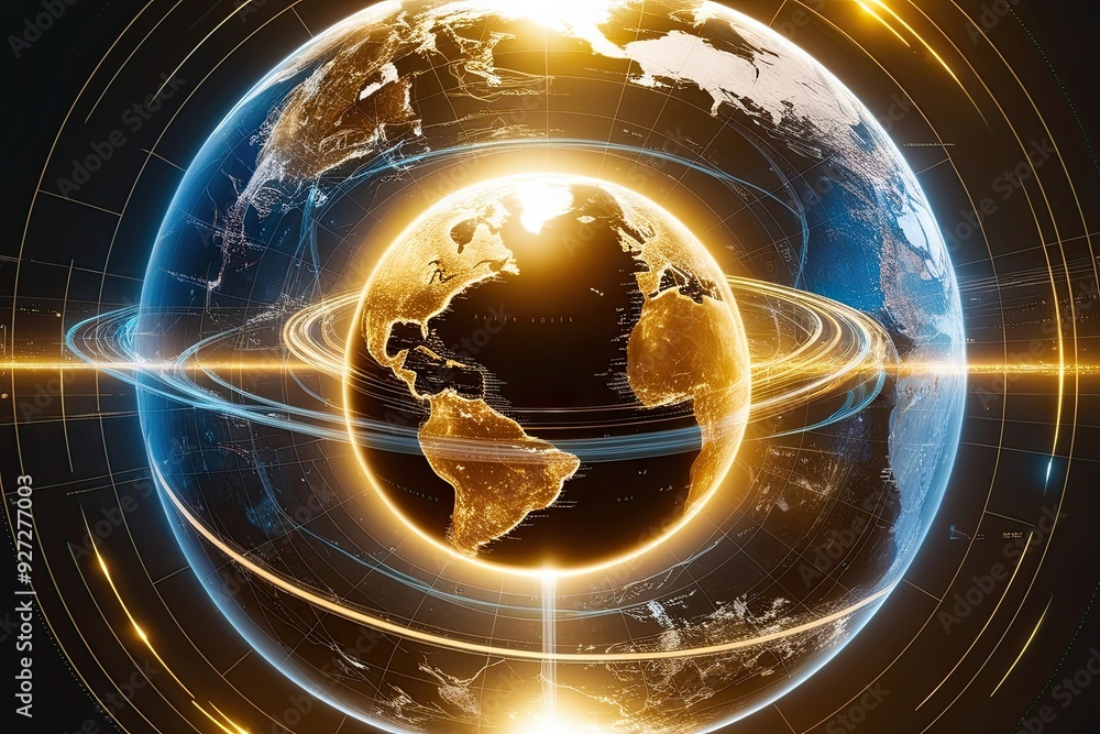 Glowing Gold Planetary Sphere with Detailed Maps and Brilliant Data ...