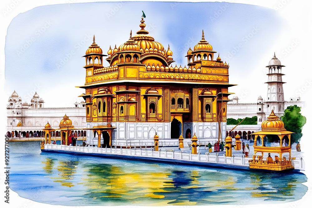 Watercolor Depiction of the Golden Temple: A Spiritual Landmark in ...