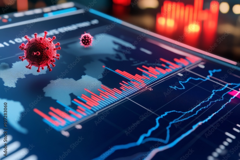 Sstock market graph with the world map and corona virus on it, blue ...