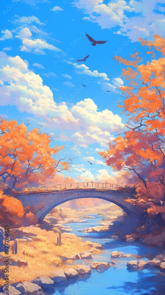 Enchanting Anime-Style Autumn Landscape: Whimsical Bridge Over Flowing ...