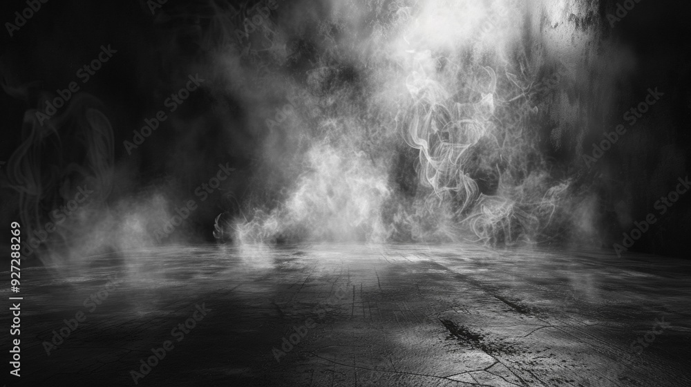 Mysterious fog envelops dark, empty space, creating an atmospheric and ...