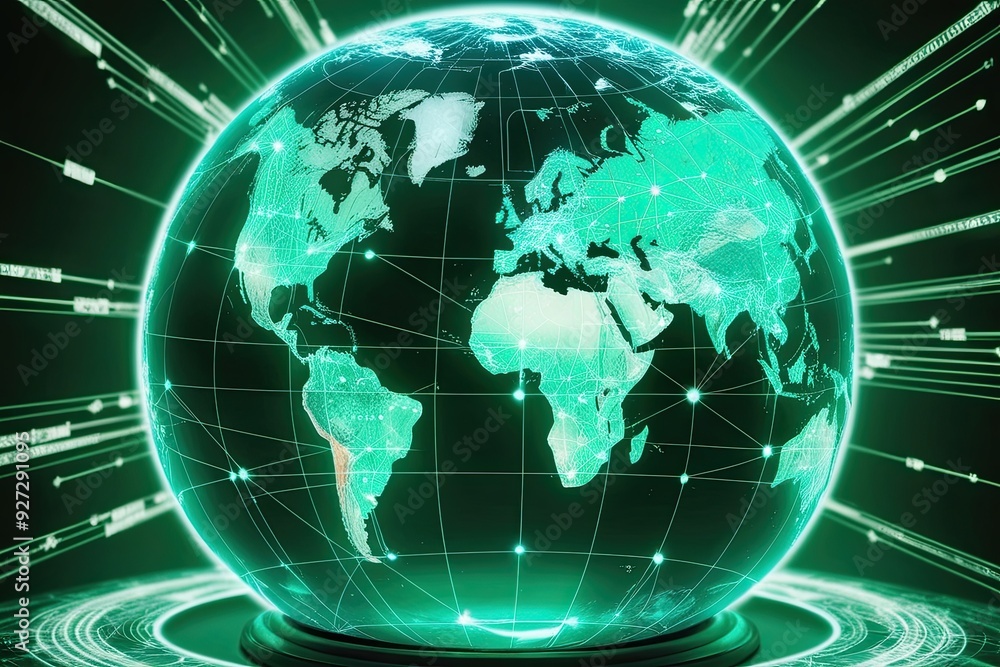 Emerald Holographic Globe Showcasing World Maps with Vibrant Data Flows ...