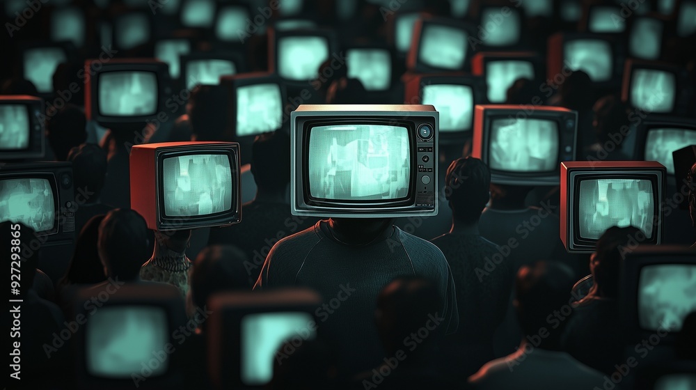 ภาพประกอบสต็อก People with tv heads symbolize mind control through ...