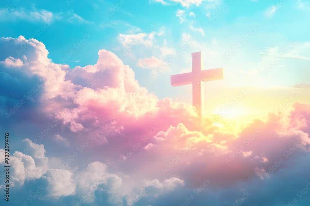 Christian cross appeared bright in the sky with soft fluffy clouds ...