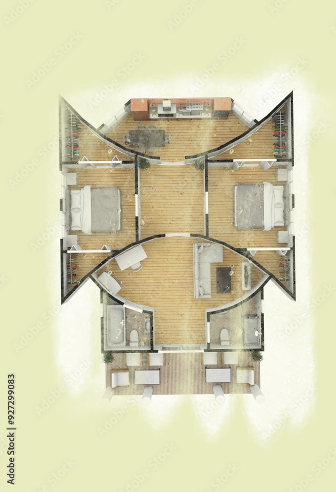 Apartment flat top view 2d render apartment floor plan 2D Floor plan of ...