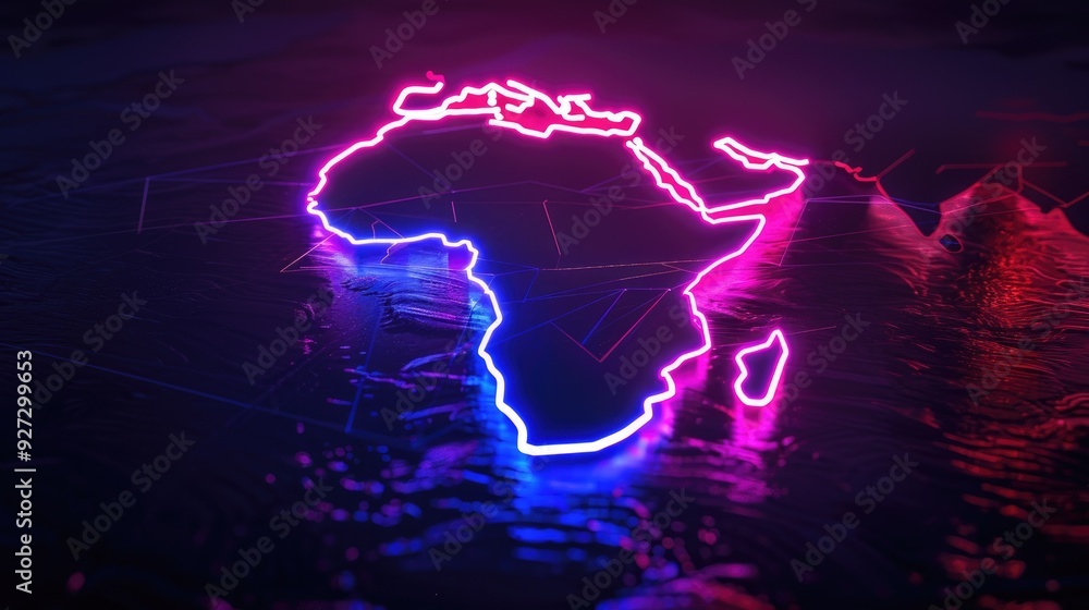 product photo of neon 3D image of africa map visual lines neon lights ...