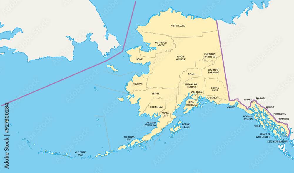 Alaska, U.S. state, political map, subdivided into 19 organized ...