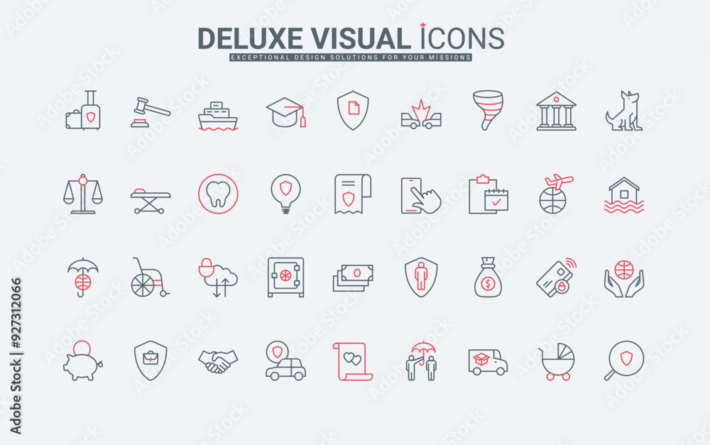 Life and health insurance, property and marriage line icons set. Safety ...