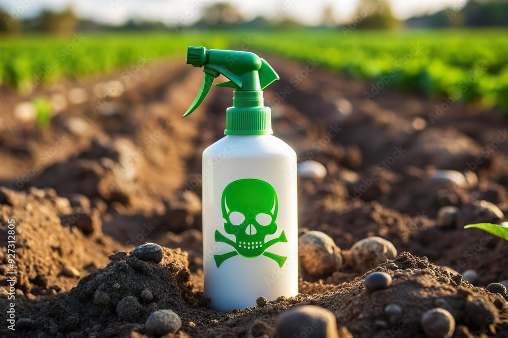 toxic green pesticide and herbicide spray bottle on farm soil Stock ...