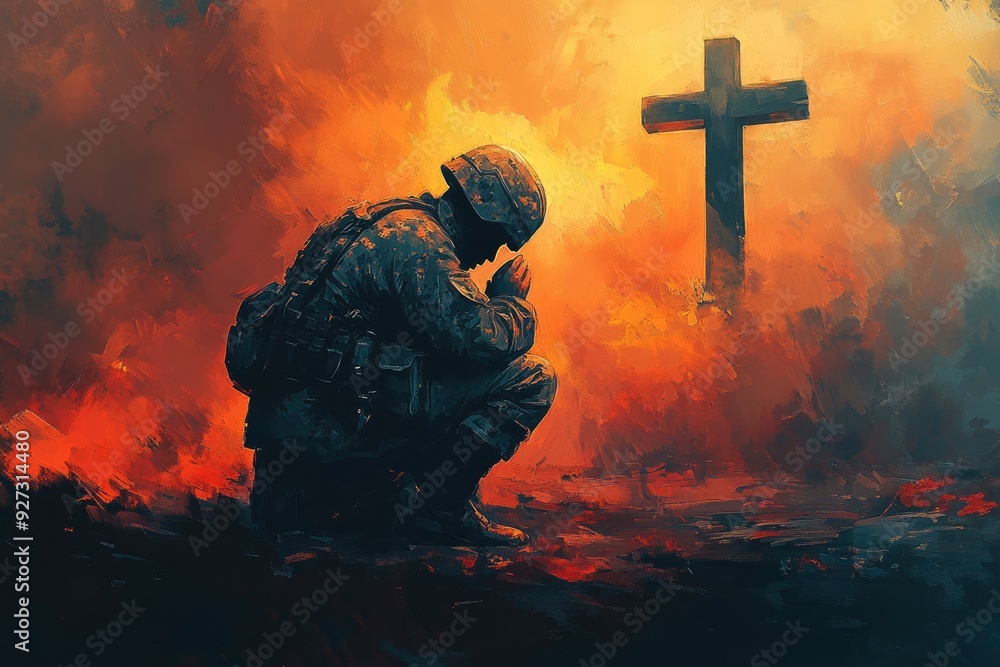 Powerful faith! Christian soldier kneels in prayer, cross looming in ...