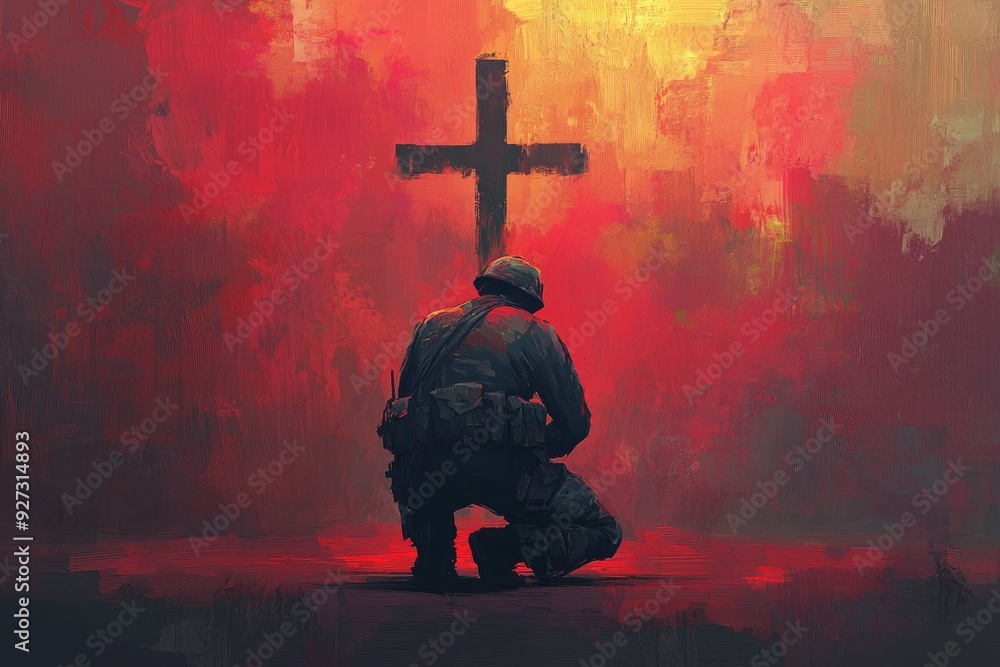 Powerful faith! Christian soldier kneels in prayer, cross looming in ...