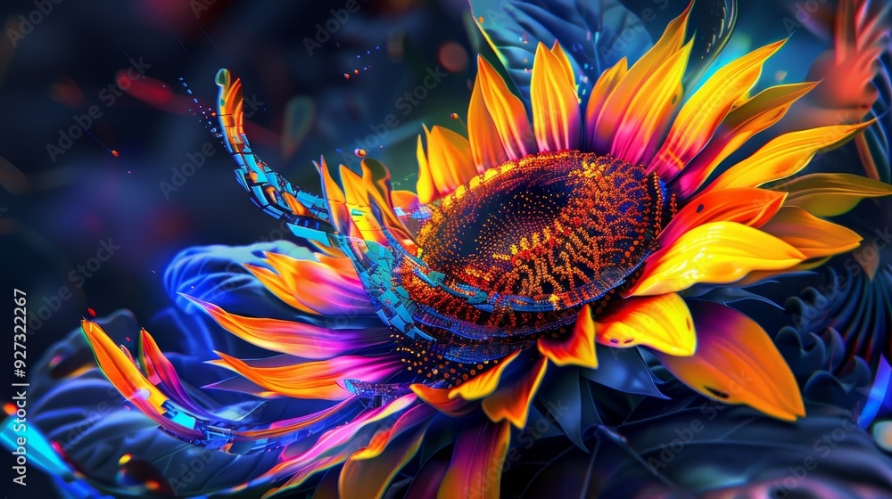 High-resolution image of a sunflower with robotic stems and vibrant ...