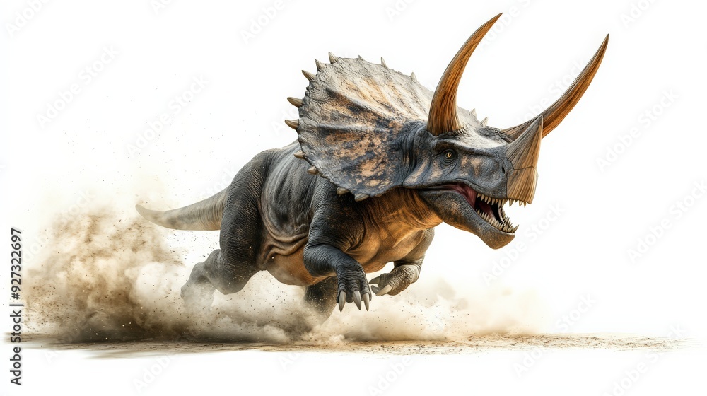 Dynamic image of a triceratops dinosaur running through a dusty terrain ...