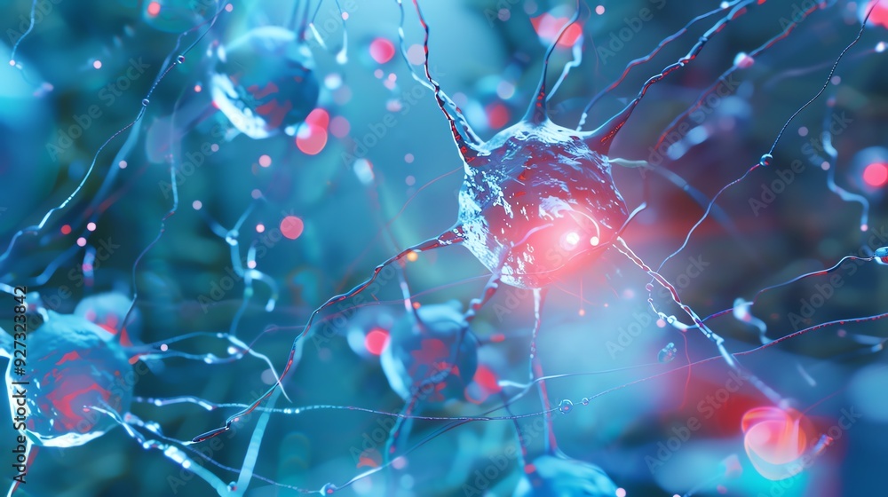 Close-up of neurons in a neural network, glowing connections and blue ...