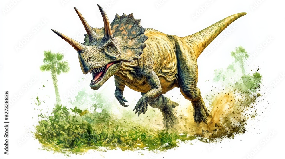 Illustration of a Triceratops dinosaur running through lush prehistoric ...
