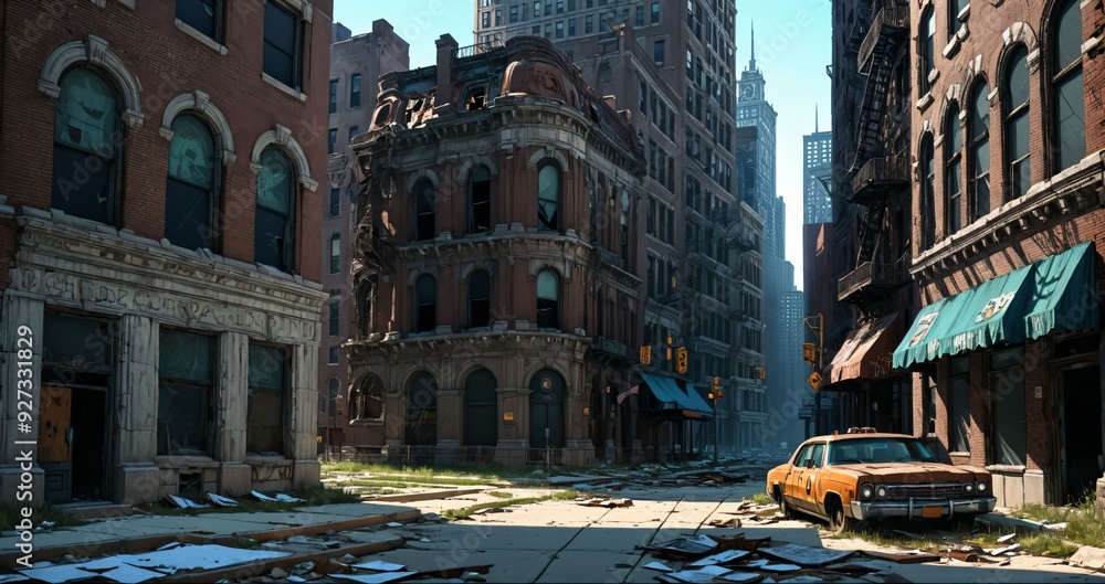 abandoned town city buildings on a street. post apocalyptic wasteland ...
