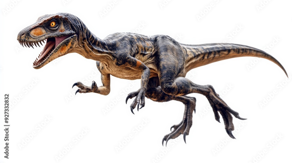 Realistic depiction of a velociraptor dinosaur in a dynamic pose ...