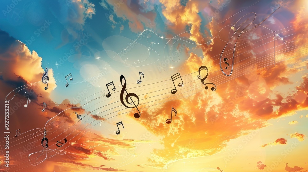 Treble clef and swirly staff with musical notes against sunset sky ...