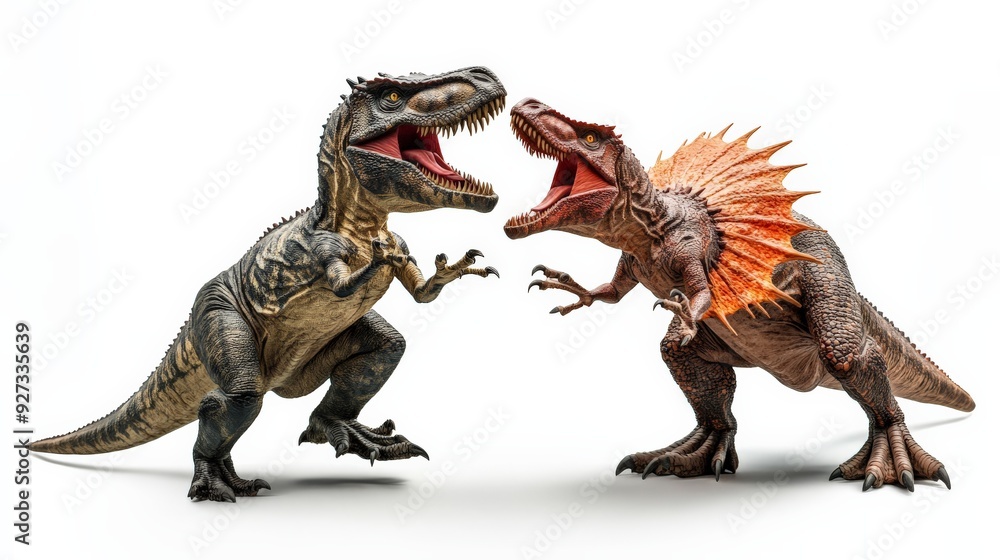 Two dinosaur figurines facing each other, depicting a fierce ...