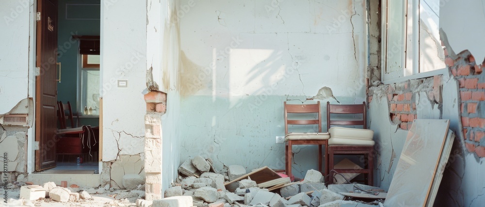 A partially demolished room with crumbled walls and scattered debris ...