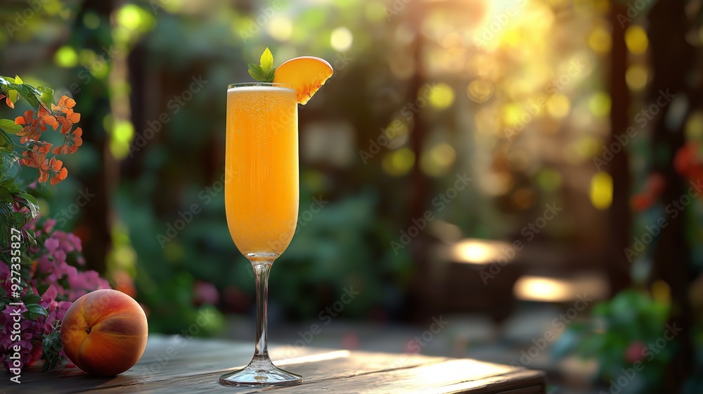 Peach Bellini in a Champagne Flute with Sparkling Prosecco and Peach ...