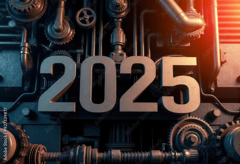 3D rendering of the text '2025' in an industrial environment, with ...